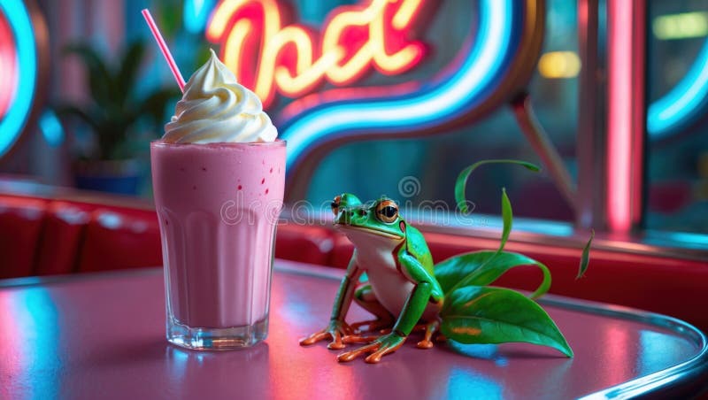Strawberry Milkshake with Whipped Cream and a Cute Frog in a Retro ...