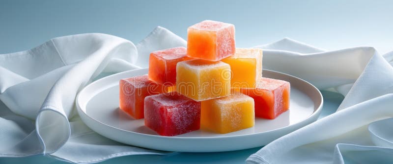 Colorful Frozen Fruit Cubes on Plate with Napkin Stock Photo - Image of ...