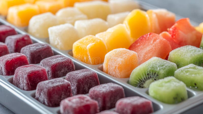Colorful Frozen Fruit Cubes in a Tray Stock Illustration - Illustration ...
