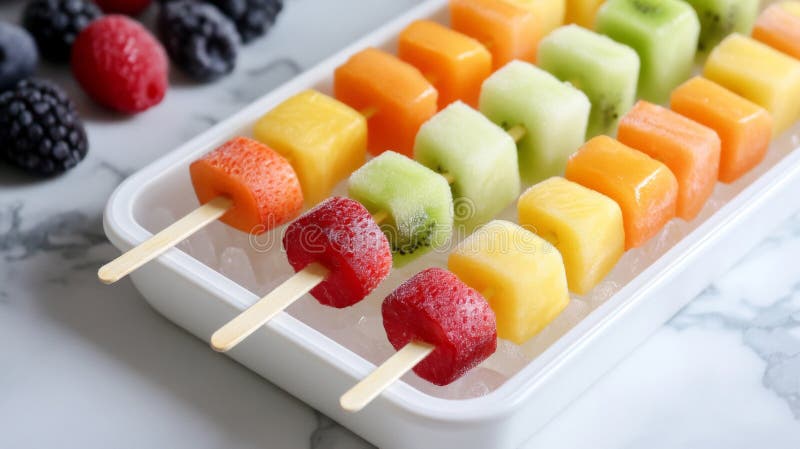 Colorful Frozen Fruit Skewers on Ice Stock Illustration - Illustration ...