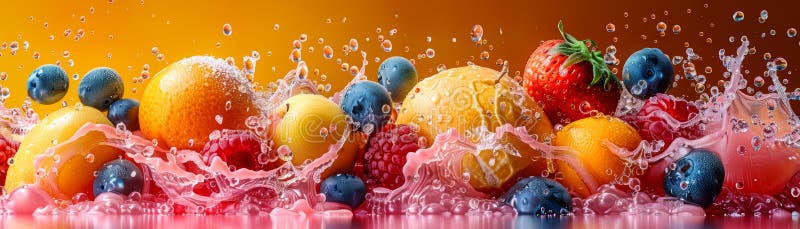 Colorful Fruit and Berries Splashed in Pink Liquid Stock Illustration ...