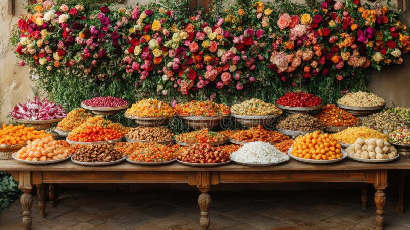 Colorful Fruit and Candy Buffet Display with Floral Backdrop Stock ...