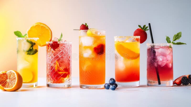Colorful Fruit Cocktails in Glasses on White Background Stock ...