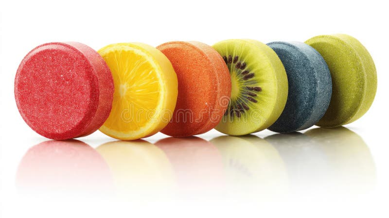 Colorful Fruit-flavored Candies Arranged in a Line on a Reflective ...