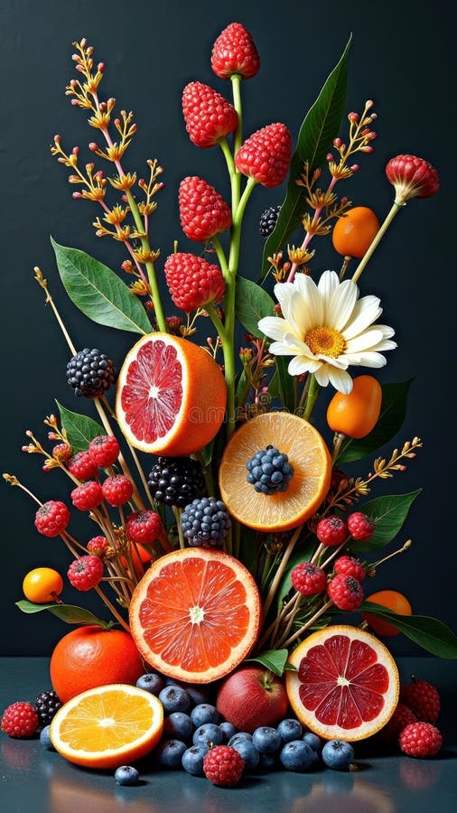 Colorful Fruit and Flower Arrangement with Berries, Oranges, and ...