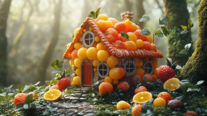 Colorful Fruit House Surrounded by Lush Greenery in a Whimsical Forest ...