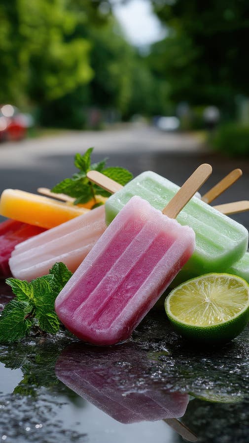 Colorful Fruit Ice Pops on a Wet Surface Create Refreshing Treat for ...