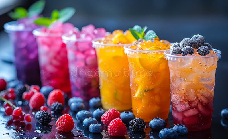 Colorful Fruit-Infused Drinks with Ice. a Close-up of a Row of Colorful ...