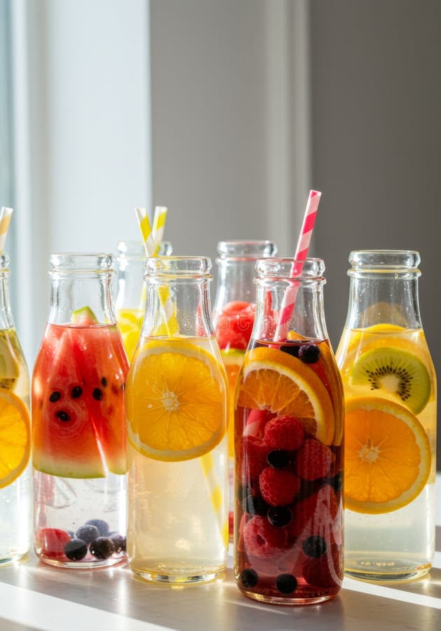 Colorful Fruit Infused Water in Glass Bottles Stock Illustration ...