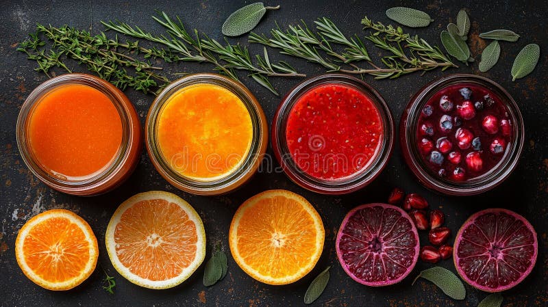 Colorful Fruit Juices Herbs Dark Background Stock Photos - Free ...