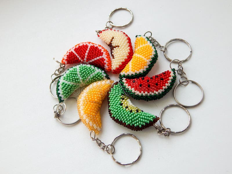 Colorful Fruit Key Chains on a White Stock Image - Image of beige, deco ...
