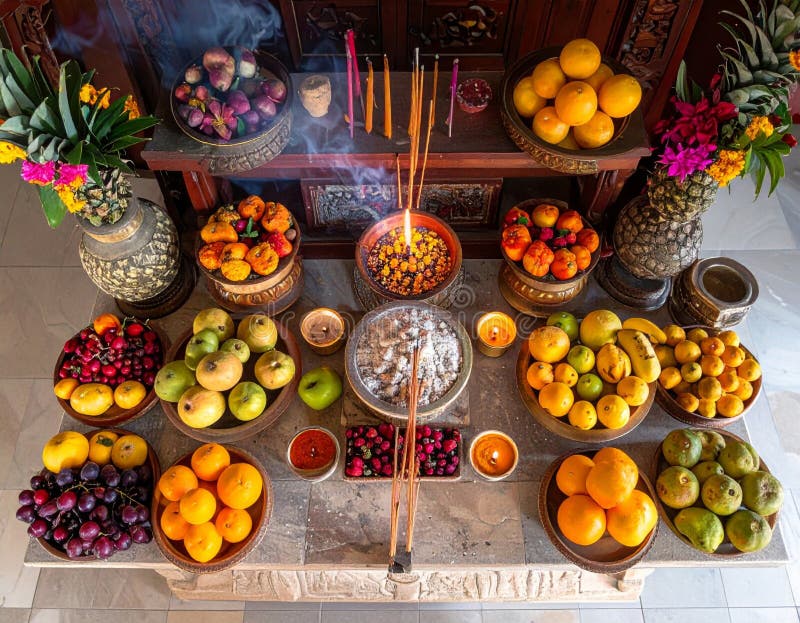 Colorful Fruit Offering on Asian Altar Stock Illustration ...