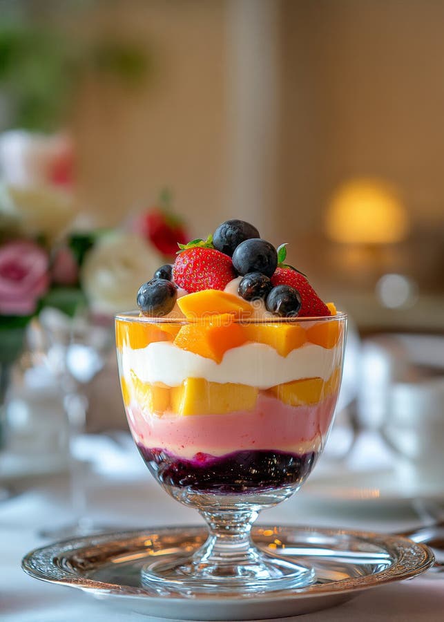 Colorful Fruit Parfait with Berries, Mango, and Cream Layers on Silver ...