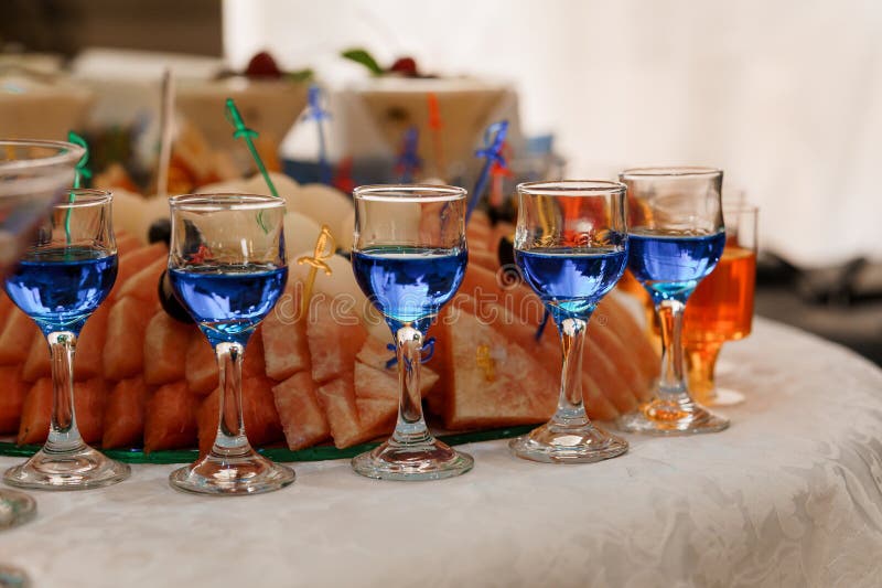 Colorful Fruit Platter with Blue Cocktails and Garnishes Stock Image ...
