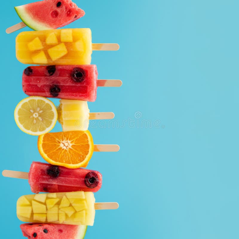 Colorful Fruit Popsicles on Blue Background Stock Illustration ...