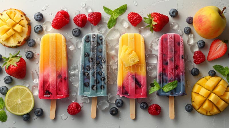 Colorful Fruit Popsicles and Fresh Fruits on Ice Stock Image - Image of ...