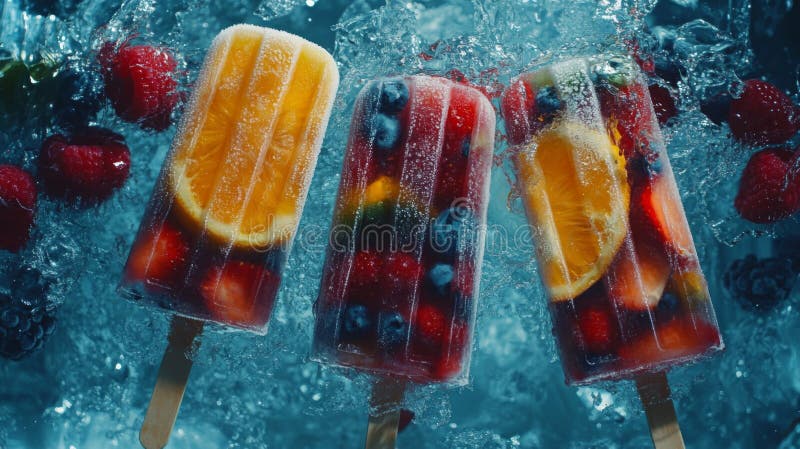 Colorful Fruit Popsicles Splashing in Ice Water Stock Illustration ...