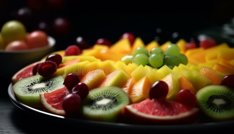Colorful Fruit Salad Bowl with Juicy Kiwi, Grape, and Raspberry Slices ...