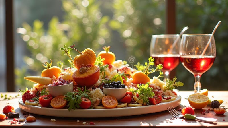 Colorful Fruit and Salad Platter with Refreshing Drinks in Sunlit ...