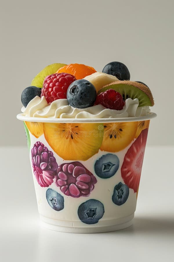 A Colorful Fruit Salad in a White Cup, Topped with Whipped Cream and ...