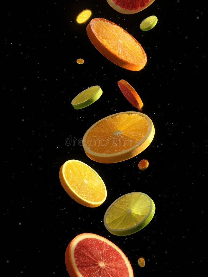 Floating Fruit Slices in Zero Gravity Create a Colorful Display Against ...