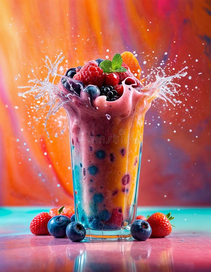 Colorful Fruit Smoothie Splash in Glass on Vibrant Background Stock ...