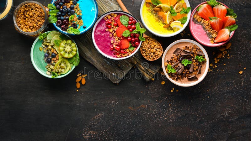 Colorful Fruit Smoothies with Yogurt, Fresh Fruit and Berries. Top View ...