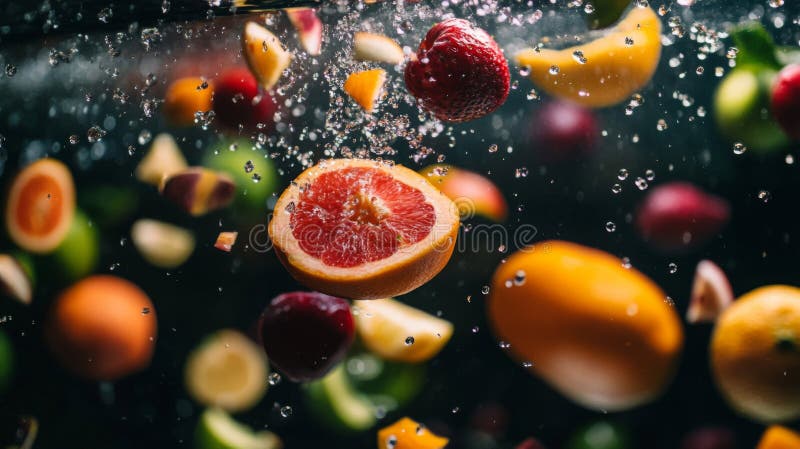 Colorful Fruit Splash Photography Against Dark Background Stock ...