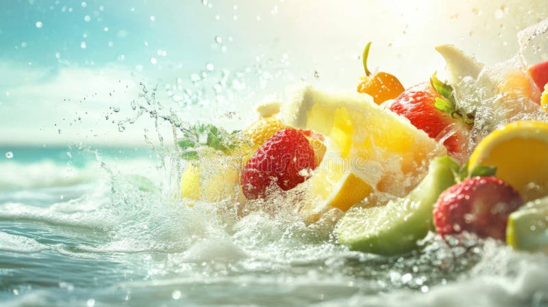 Colorful Fruit Splashing in Ocean Waves on Summer Beach Stock ...
