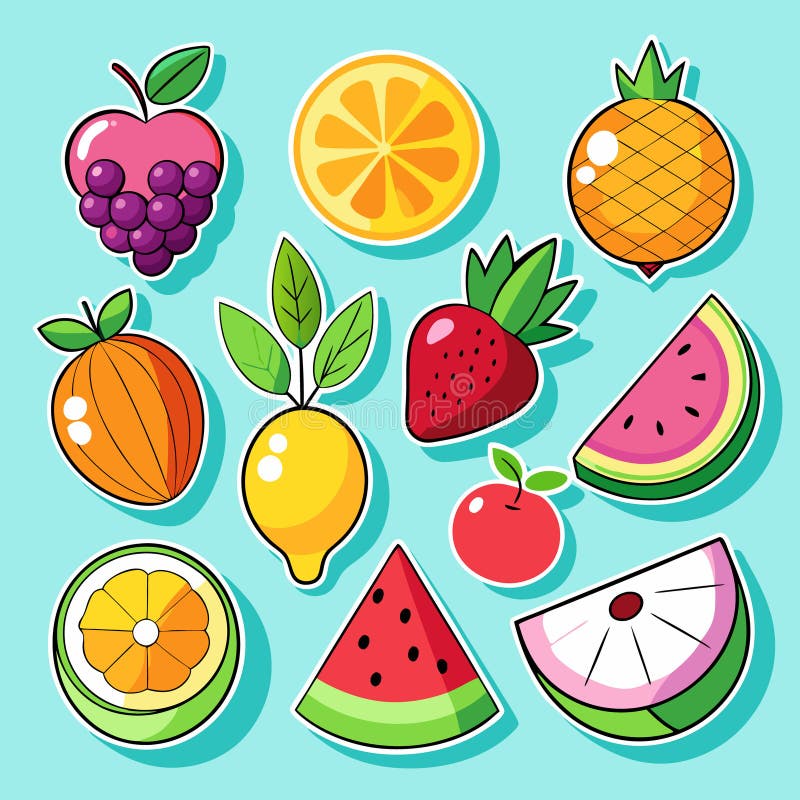 Colorful Fruit Stickers on Blue Background Stock Illustration ...