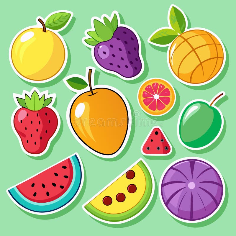 Colorful Fruit Stickers on a Green Background Stock Vector ...