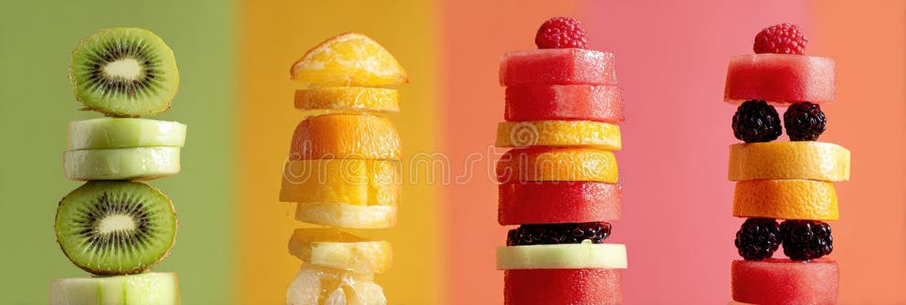 Colorful Fruit Totem Stack Featuring Kiwi, Watermelon, Pineapple, and ...
