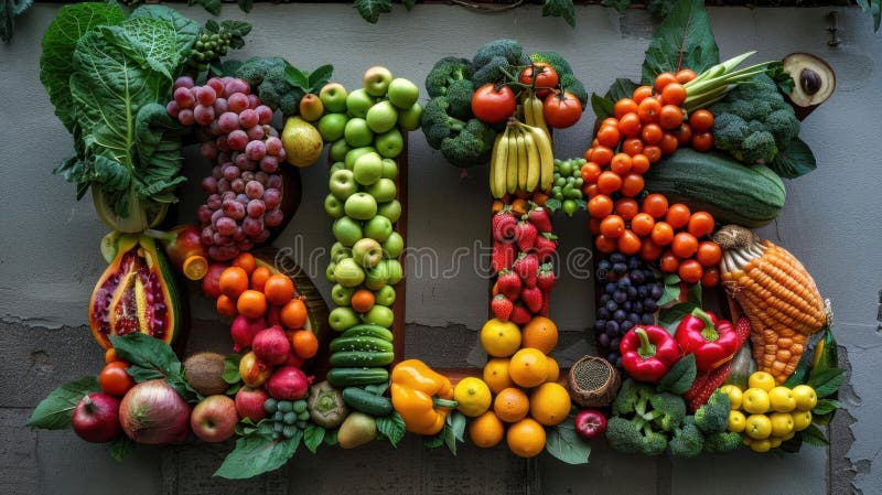 Colorful Fruit and Vegetable Arrangement Forming Letters Stock ...