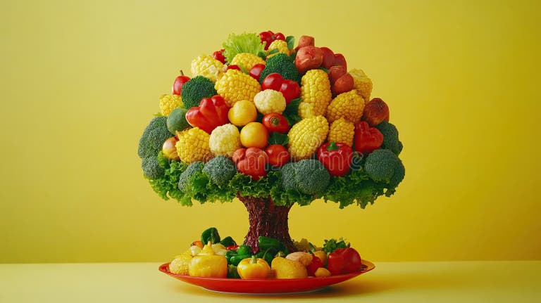 Colorful Fruit & Vegetable Tree on Yellow Background Stock Photo ...