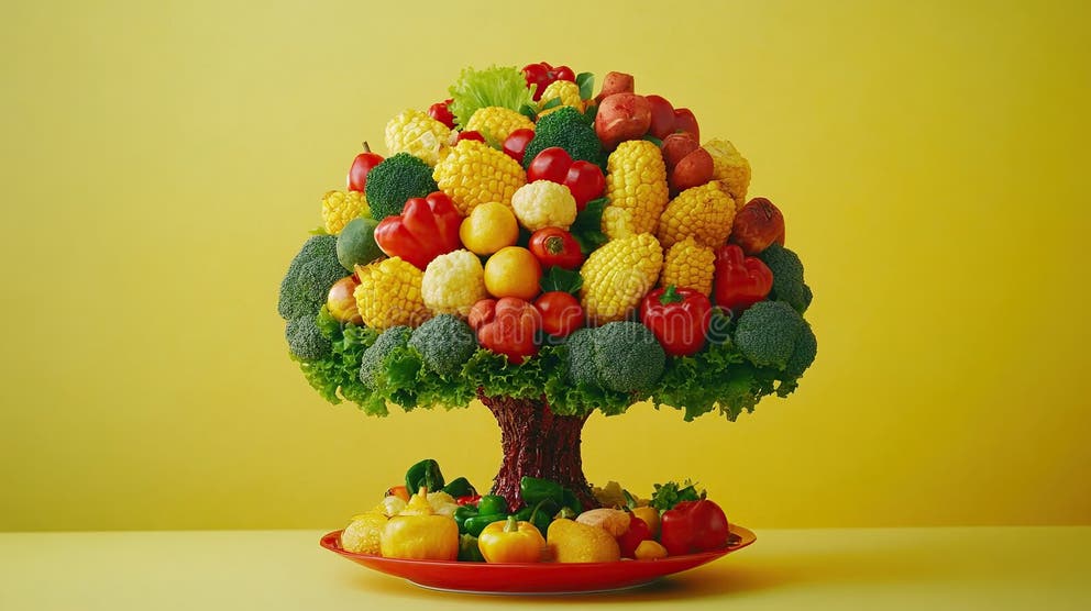 Colorful Fruit & Vegetable Tree on Yellow Background Stock Photo ...