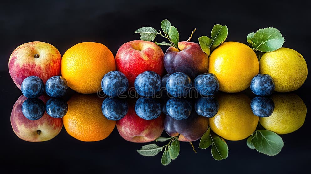 Colorful Fruits Arranged in a Row with Reflection Stock Photo - Image ...