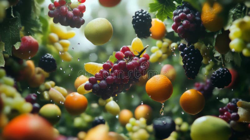 Colorful Fruits Falling with Water Drops Stock Illustration ...