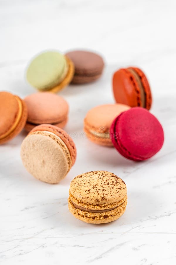 Colorful Fruity Macarons Flat Lay and Top View on Marble Table Stock ...