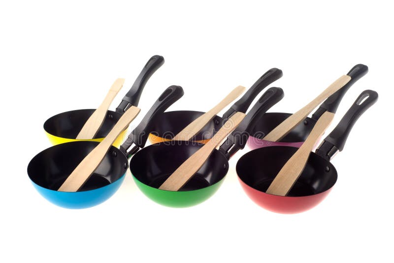 Colorful frying pans stock photo. Image of studio, green - 17524046
