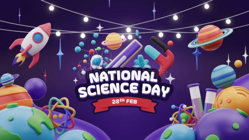 National Science Day 3D Illustration with Rocket Planets and Atom Model ...