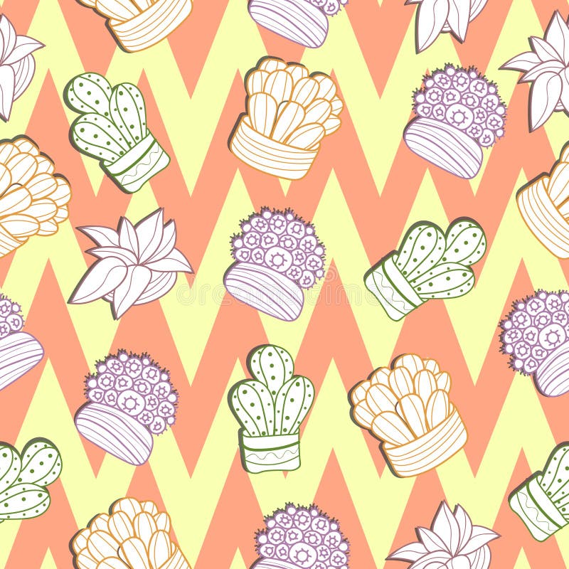 Colorful and Fun Hand Drawn Cactus Retro Style Seamless Pattern Vector ...