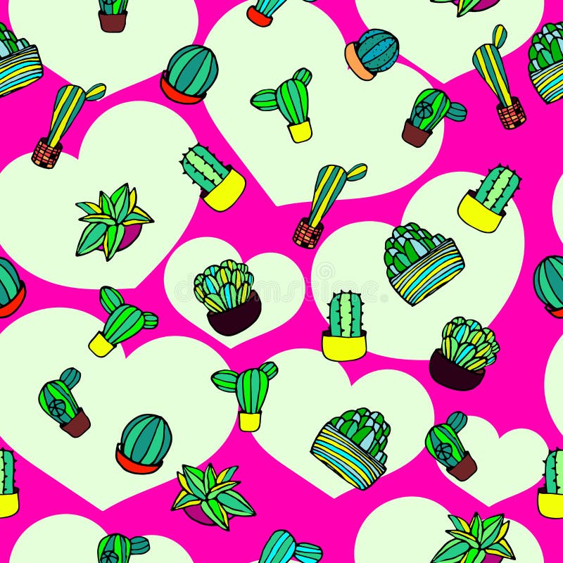 Colorful and Fun Hand Drawn Cactus Retro Style Seamless Pattern Vector ...