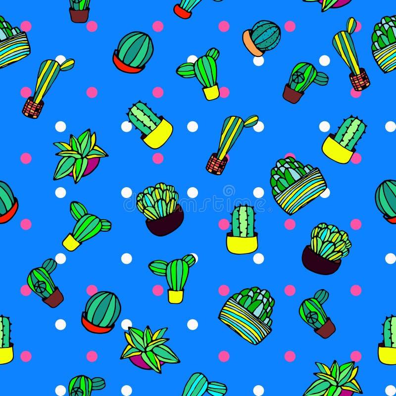 Colorful and Fun Hand Drawn Cactus Retro Style Seamless Pattern Vector ...