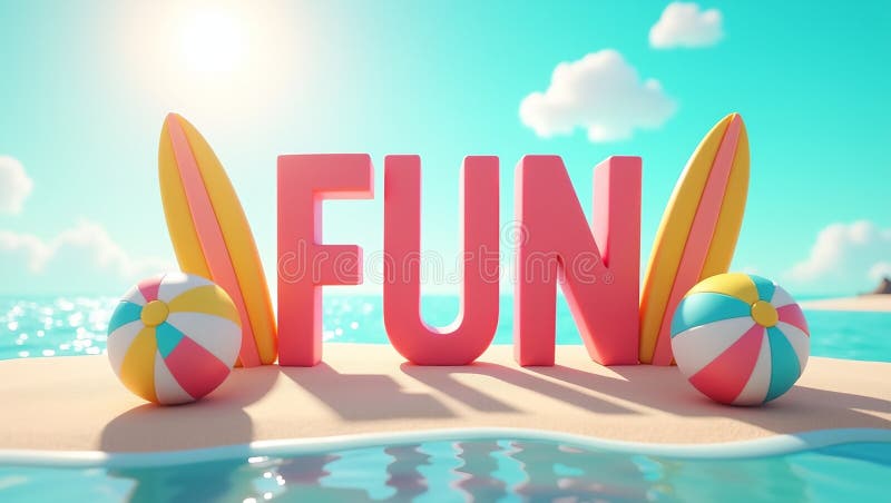 Colorful FUN Letters with Beach Balls and Surfboards on Sunny Beach ...