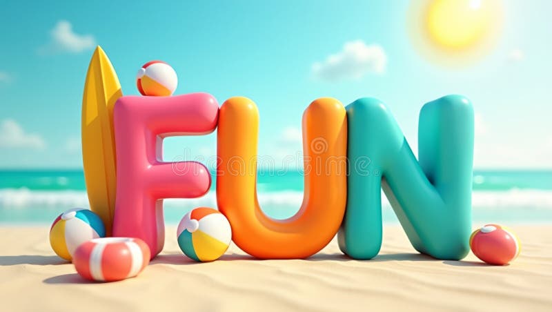 Colorful FUN Letters with Beach Balls and Surfboards on Sunny Beach ...