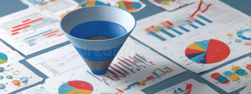 Colorful Funnel Placed Above Various Business Charts and Graphs on a ...