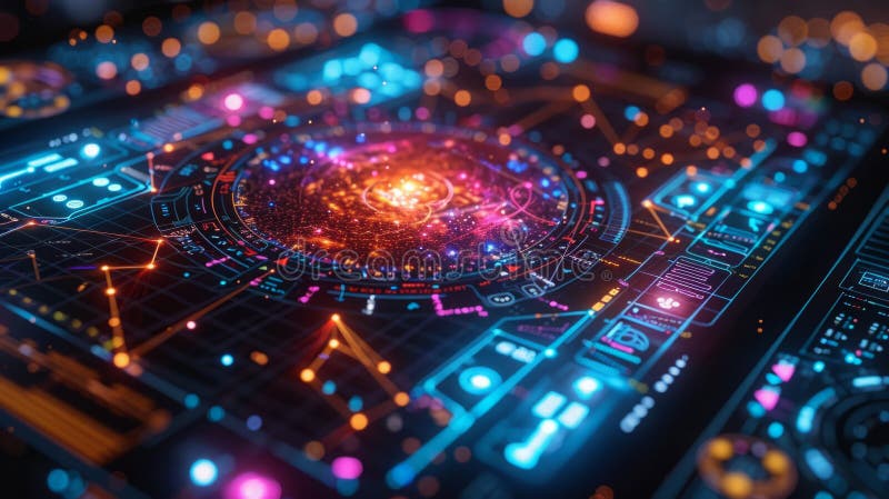 Colorful Futuristic Interface Design with Glowing Lights and Data ...