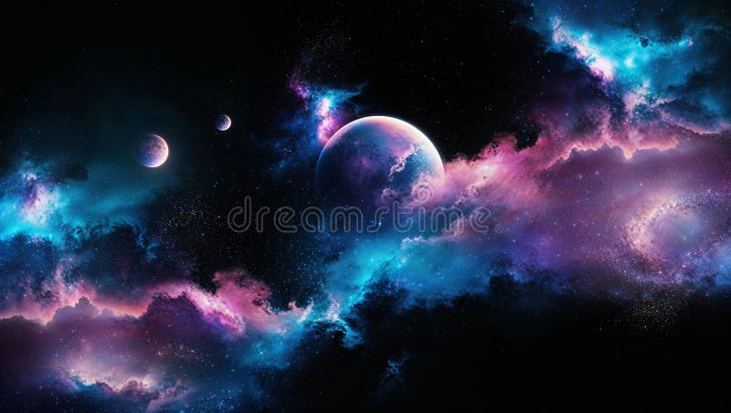 Colorful Galaxy with a Blue Cloud and Three Planets Stock Illustration ...
