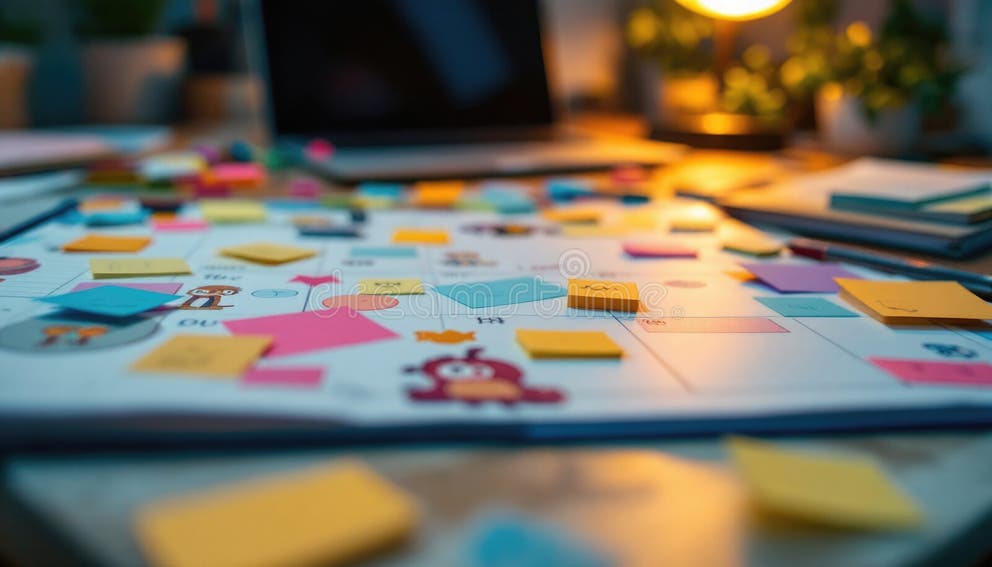 Colorful Game Board with Sticky Notes on Creative Workspace Desk Stock ...