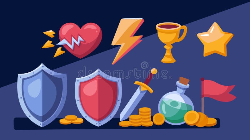 Colorful Game Elements: Shields, Coins, and Power-Ups for Digital ...